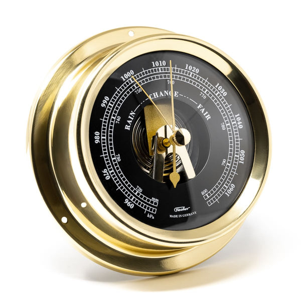 Polished Brass & Black Dial 125mm Barometer - Barometers&Clocks