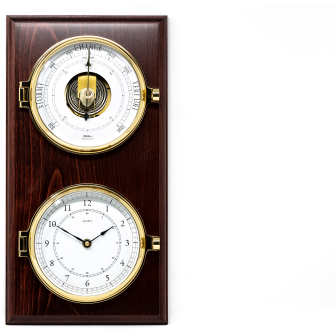 Fischer Brass Barometer & Time Clock on Mahogany Base - Barometers&Clocks