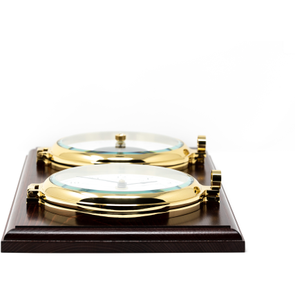 Fischer Brass Barometer & Time Clock on Mahogany Base - Barometers&Clocks
